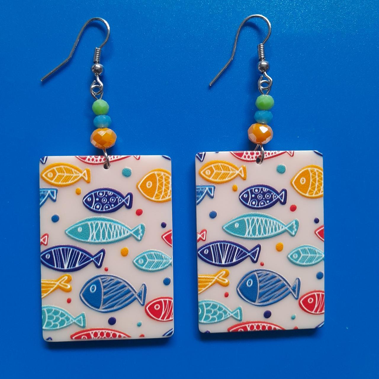 Rectangle shape with colorful cute fish print dangle... - Depop