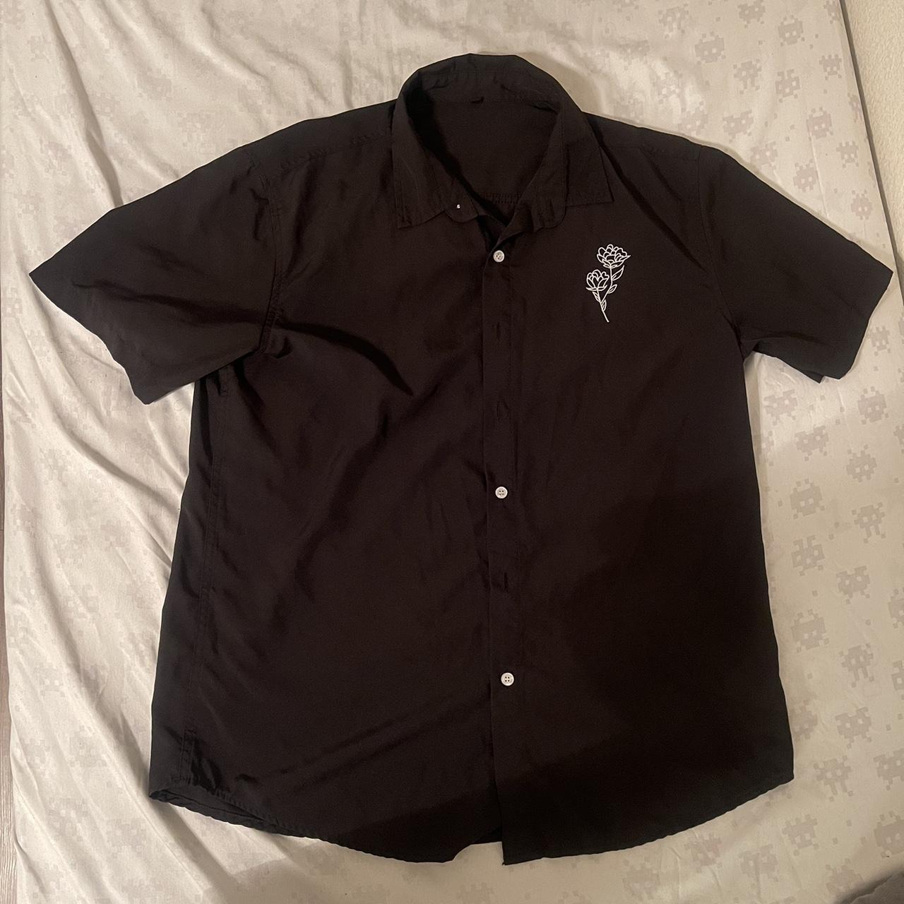 Large black short sleeve button up shirt with rose... - Depop