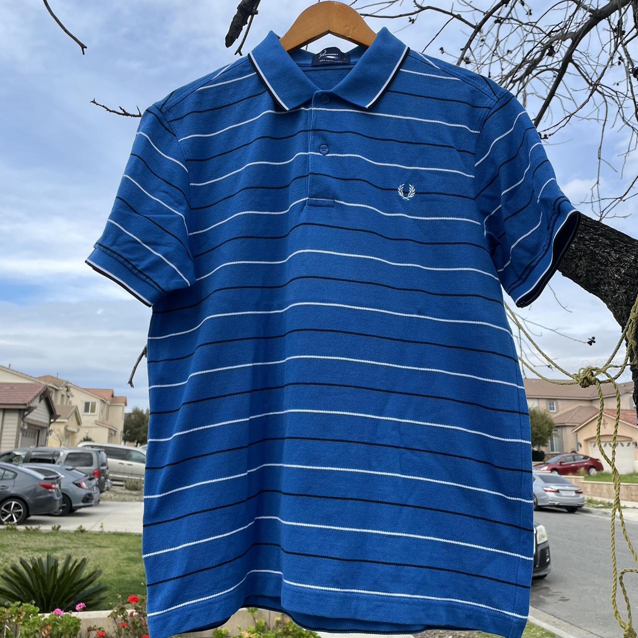 Blue stripes Fred Perry polo shirt tagged large | Depop