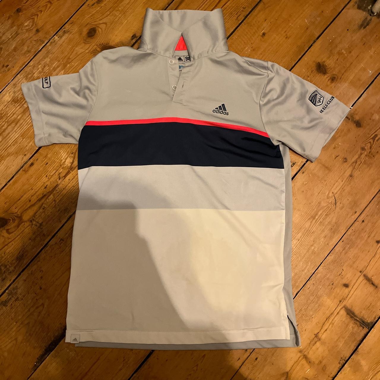 adidas grey, pink, navy blue and white golf r-shirt - Depop