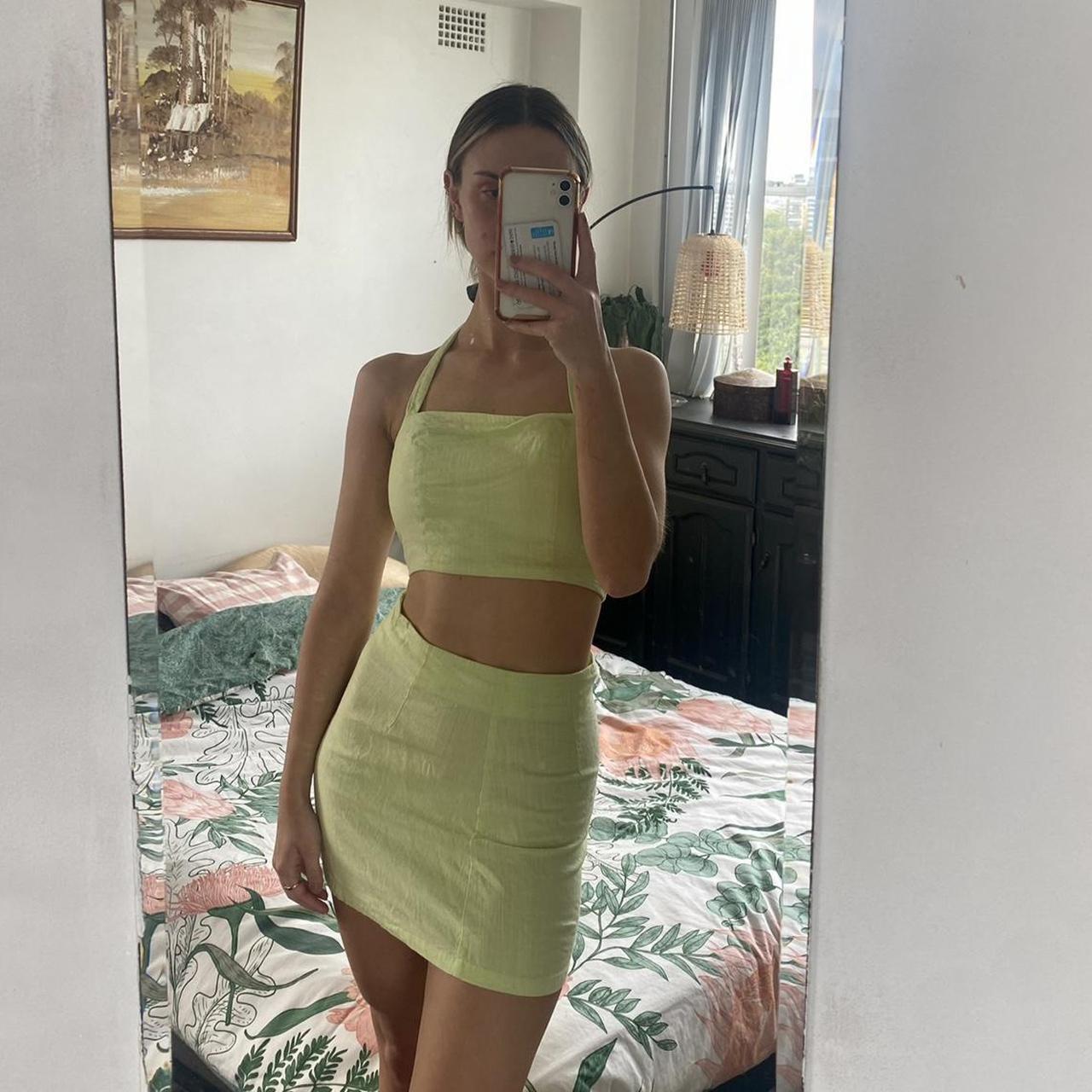 Light green crop top and mini skirt matching set... - Depop