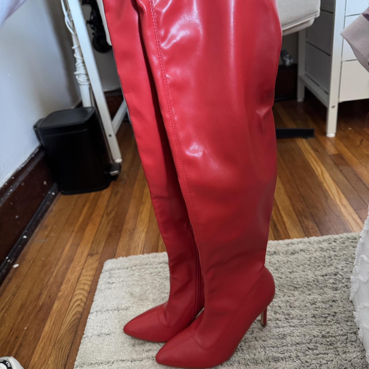 Red leather thigh high boots with 4 inch heel #glam... | Depop