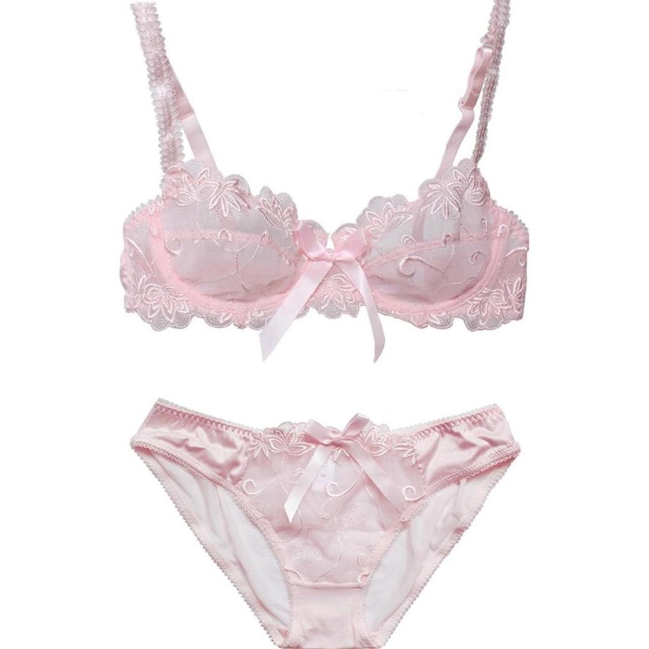 pink lace bra and panty set, never worn 32A fits... - Depop