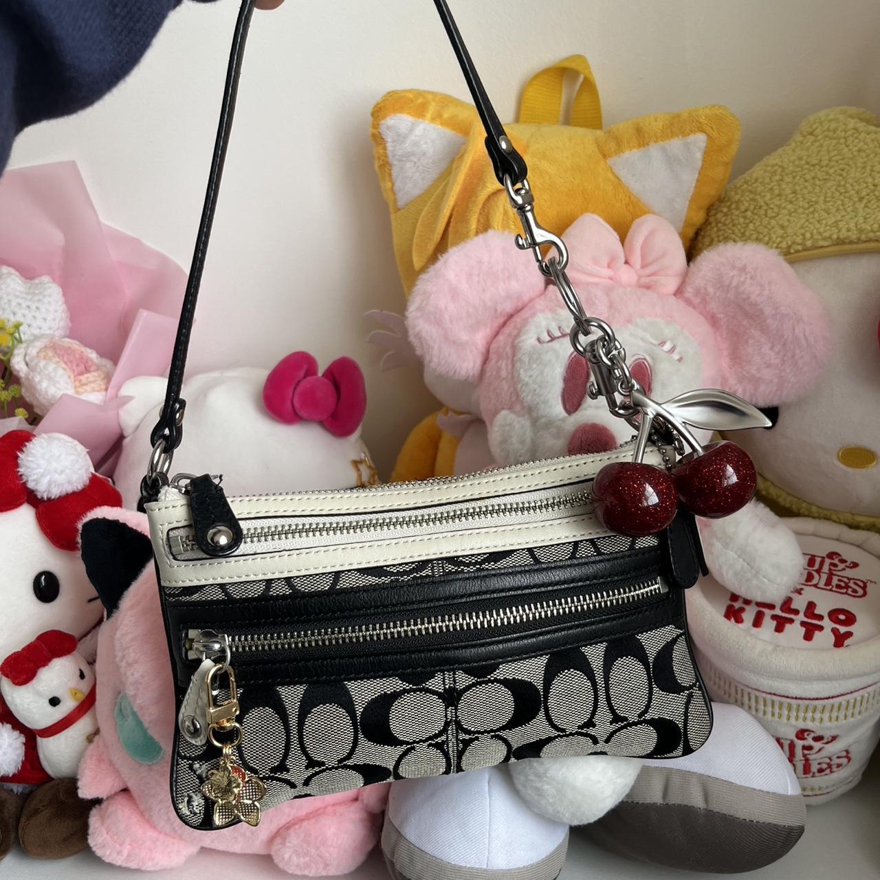 Coach black and white shoulder bag with red flower... | Depop