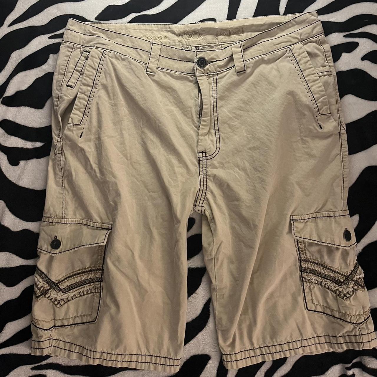 tan jorts with stitching on pockets #jorts... - Depop