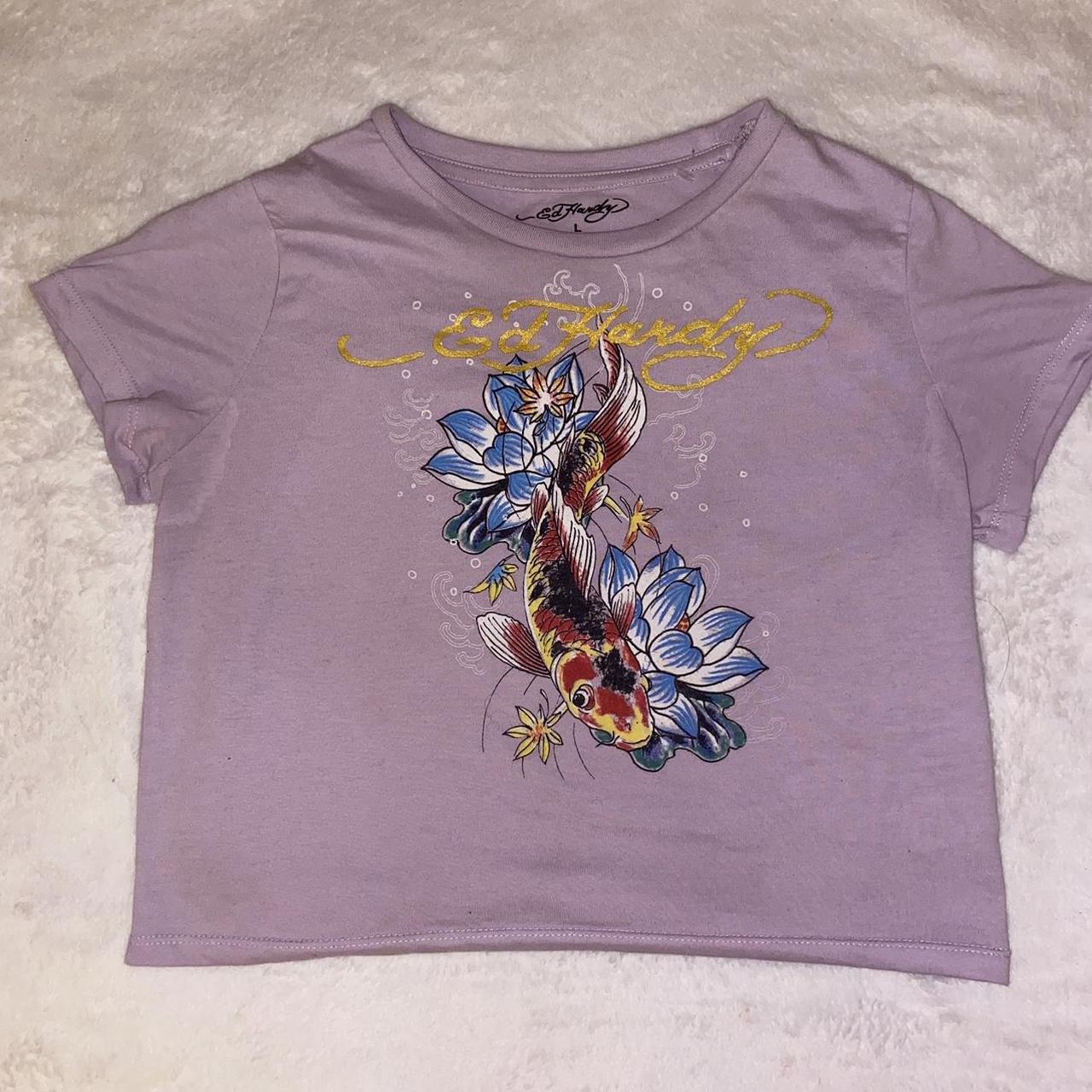 Ed Hardy baby tee Lilac Purple and gold - Depop