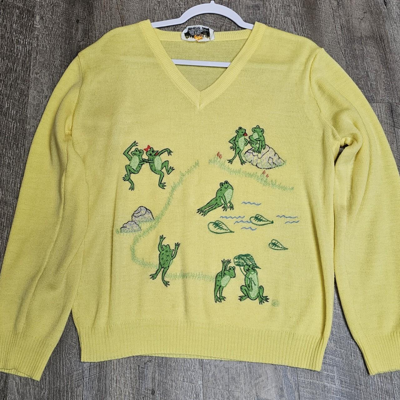 Vintage 1970s Cyn Les Yellow V Neck Sweater with... | Depop