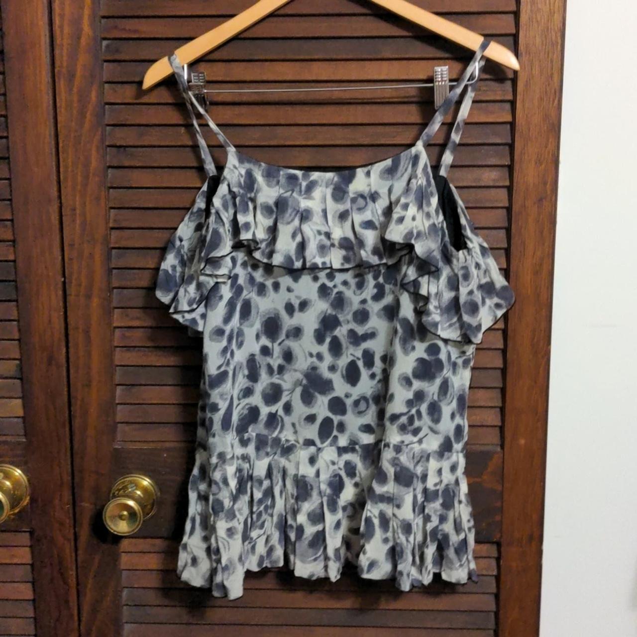 Anna Sui Ruffled Grey Abstract Printed Top back... - Depop