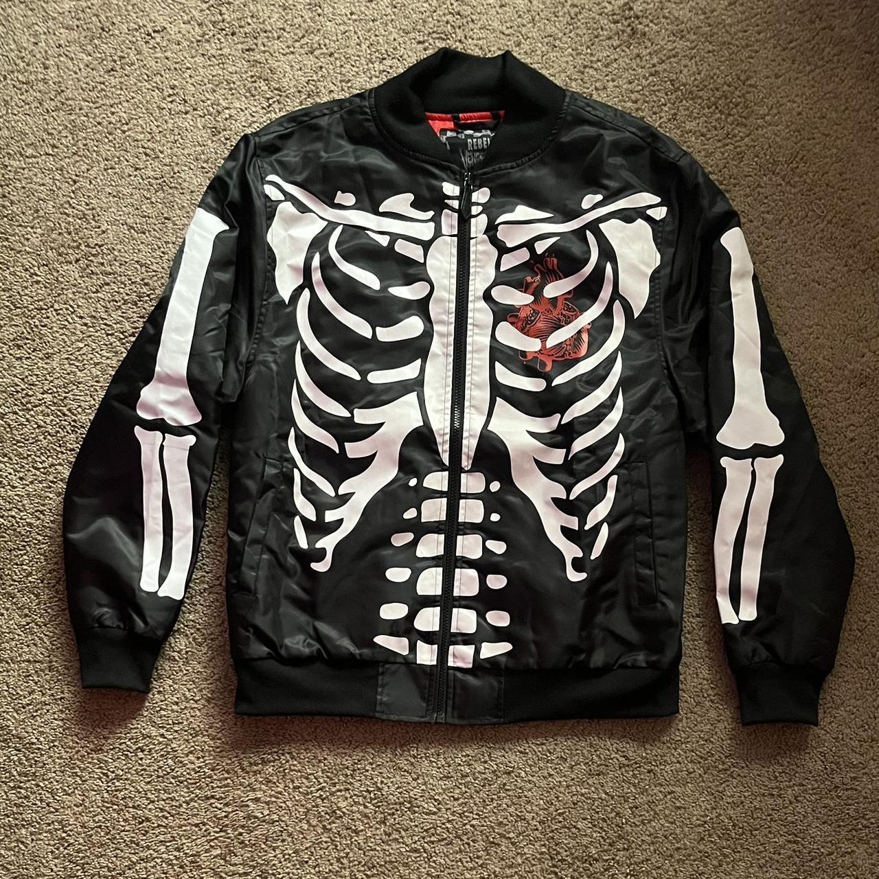rebel vengeance skeleton bomber jacket never worn,... - Depop