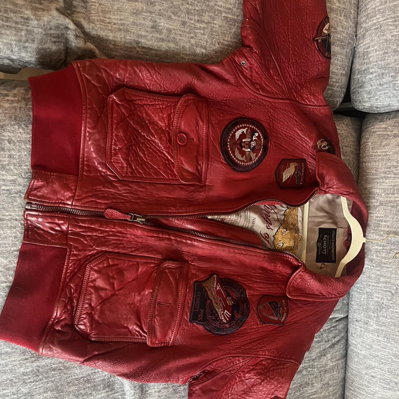AVIREX RED LEATHER BOMBER JACKET BY SCHOTT USED-GOOD... - Depop