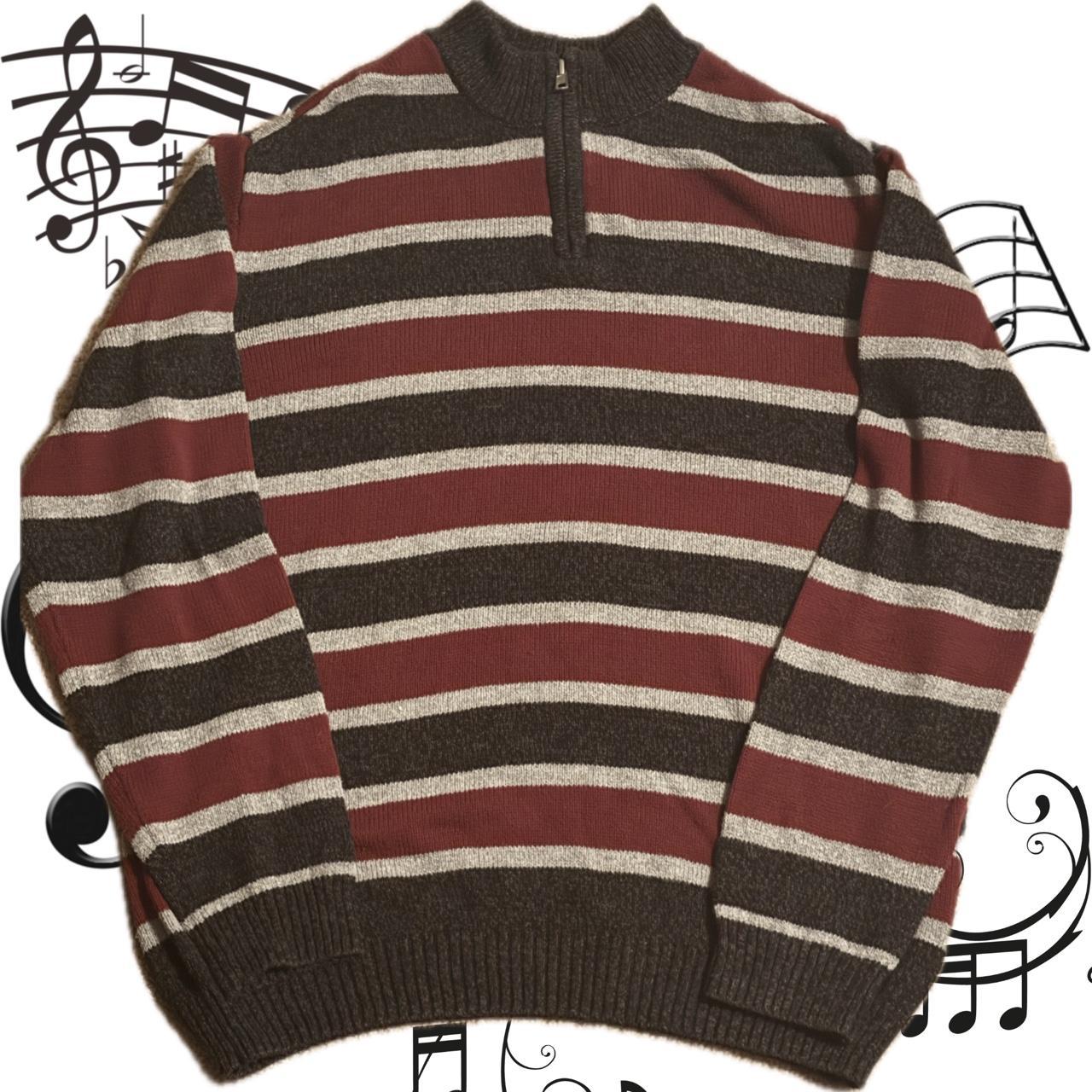 Burgundy and white striped quarter zip sweater... | Depop