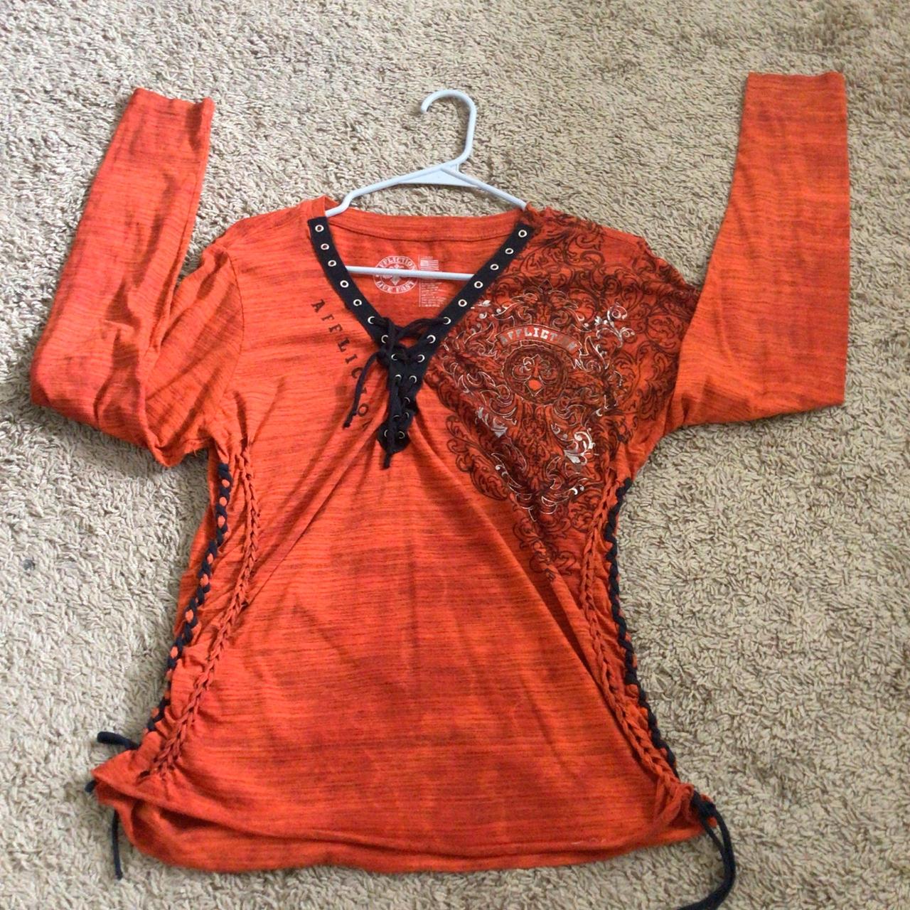 Real affliction long sleeve red top with gorgeous... - Depop