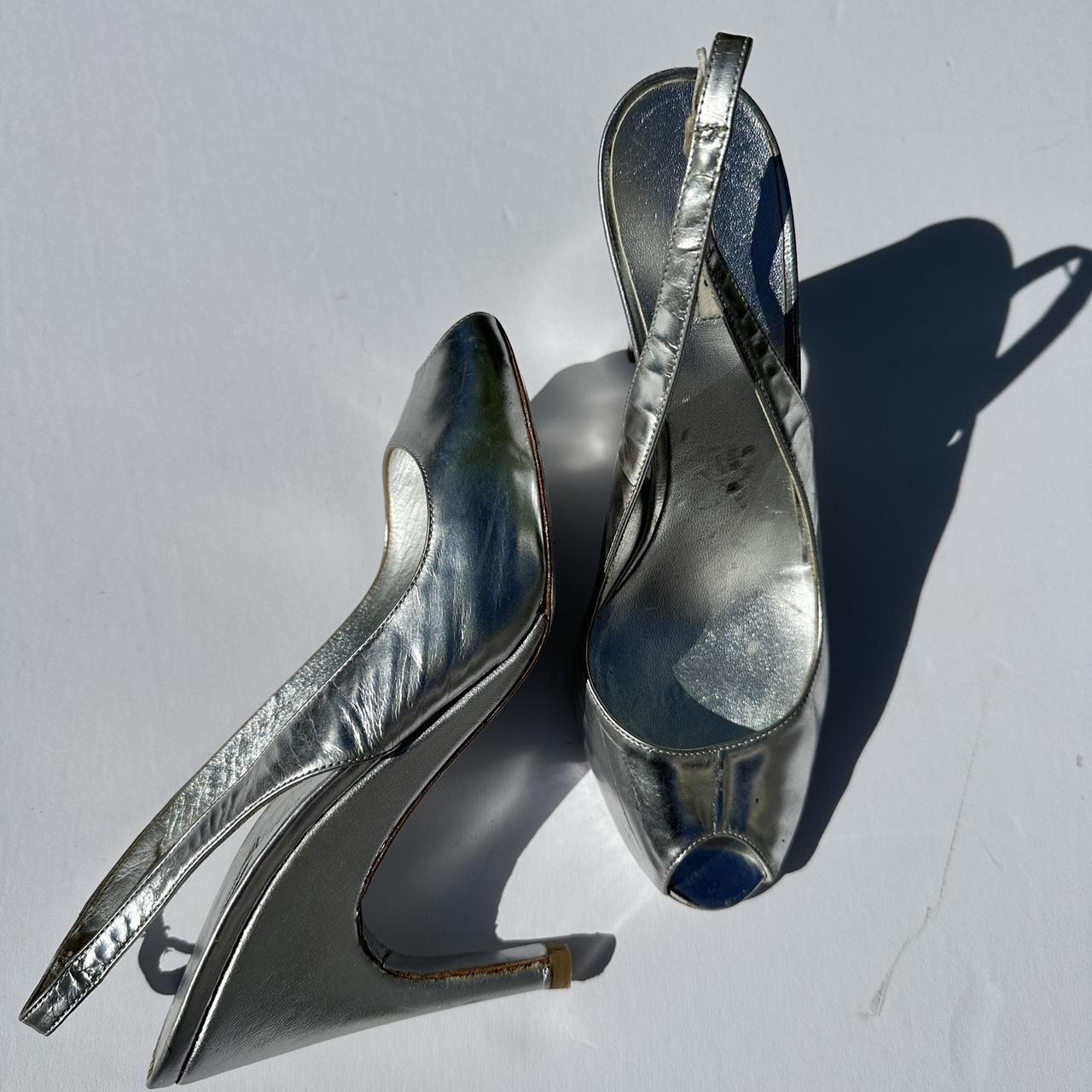 Vintage MIU MIU Silver Sling Back Pep-toe Wedge... - Depop