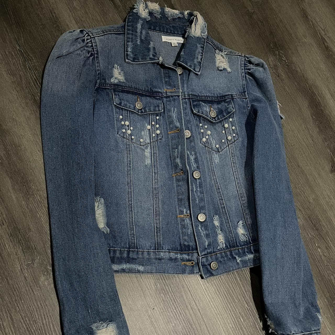 Ripped jean jacket with puff sleeves and pearls on... - Depop