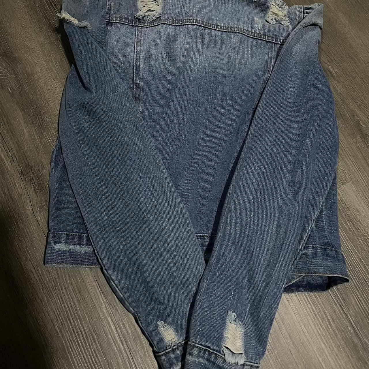 Ripped jean jacket with puff sleeves and pearls on... - Depop