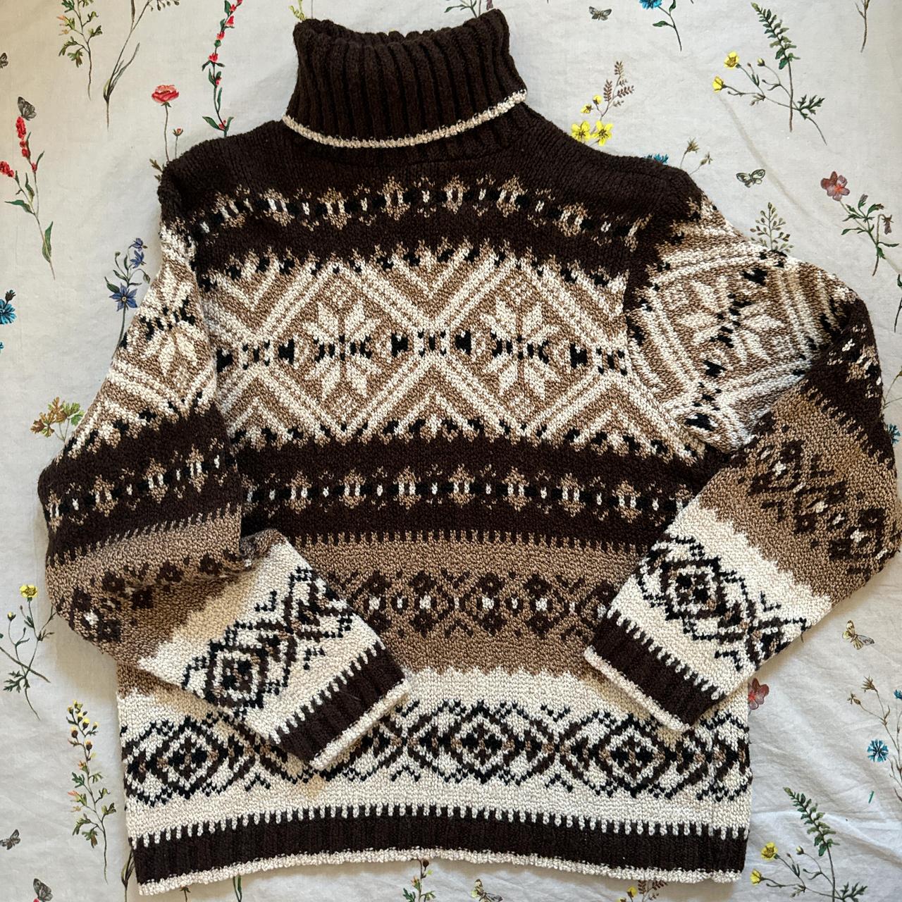 Brown and cream vintage 90s turtleneck sweater... - Depop