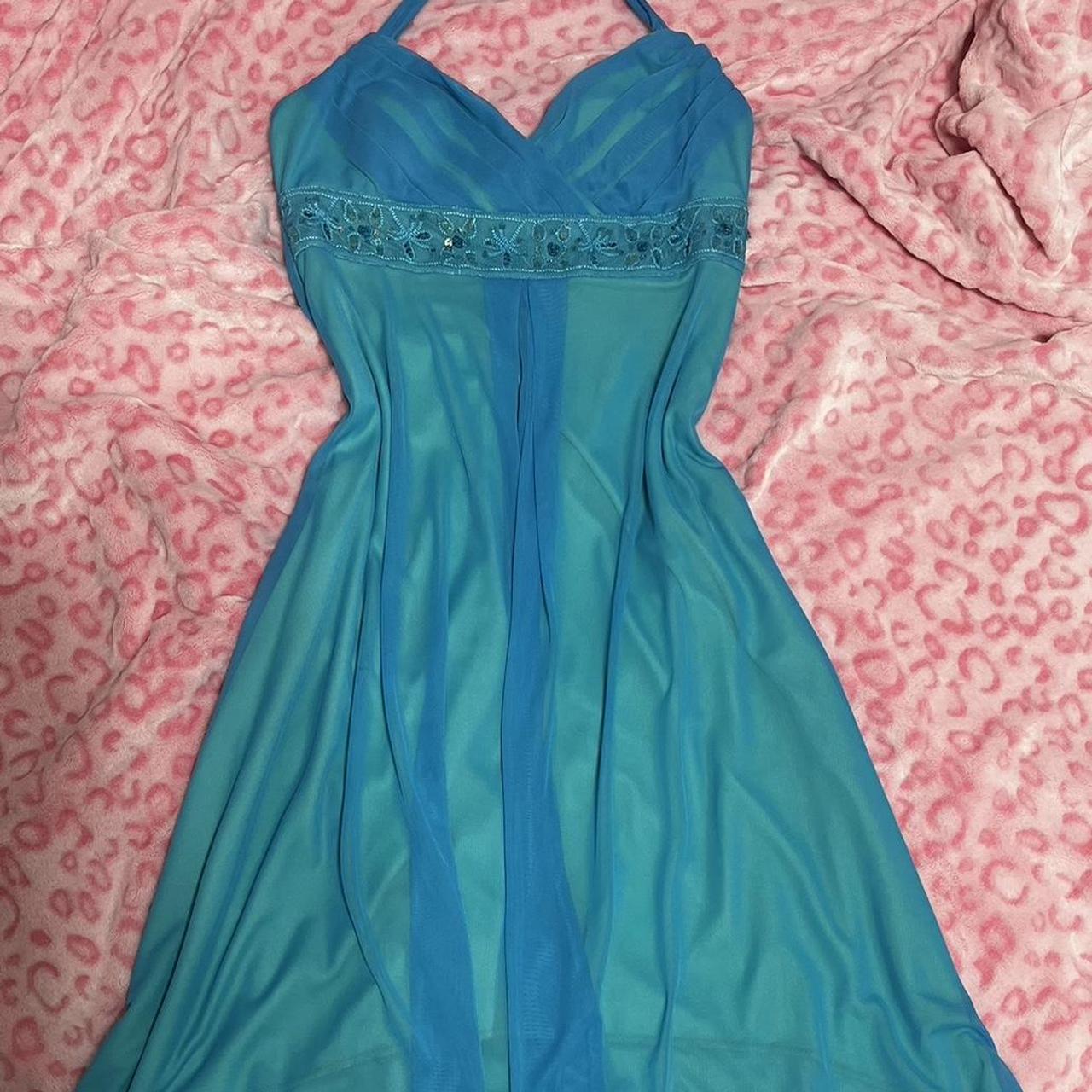 vintage 2000s city triangles blue green dress... - Depop
