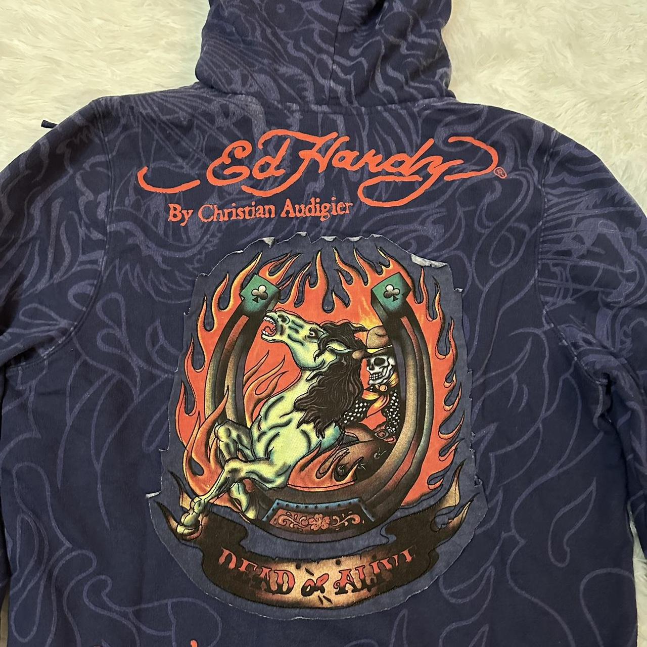 Ed Hardy jacket with fur hat Size: L - Depop