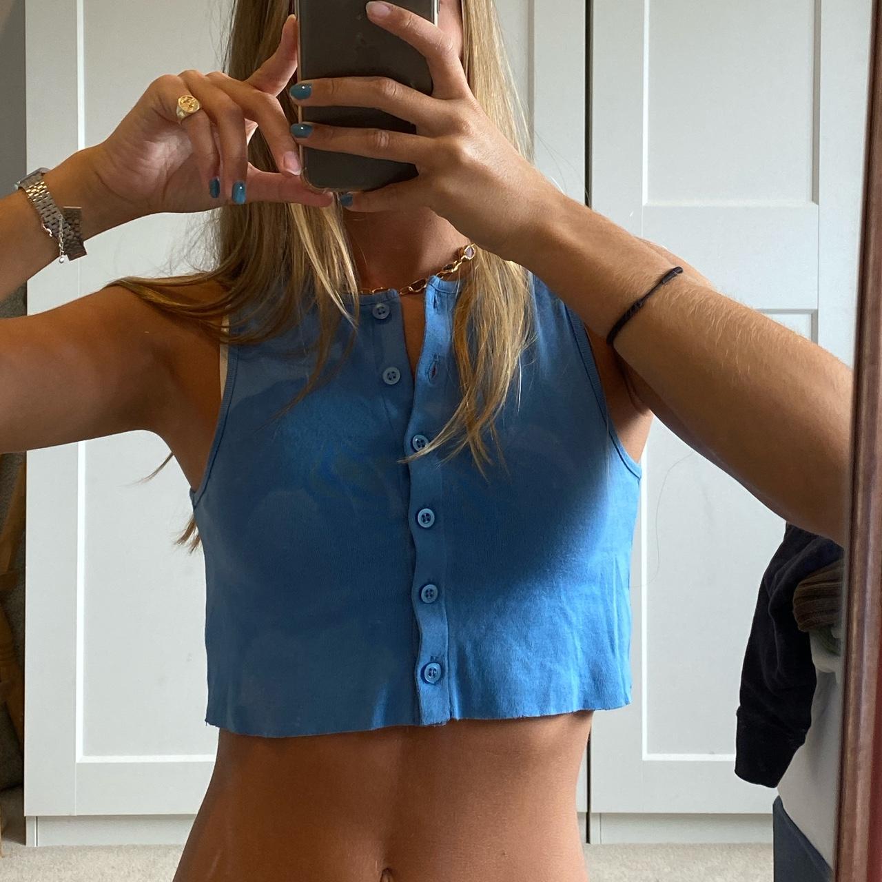 super cropped blue button up tank top amazing... - Depop