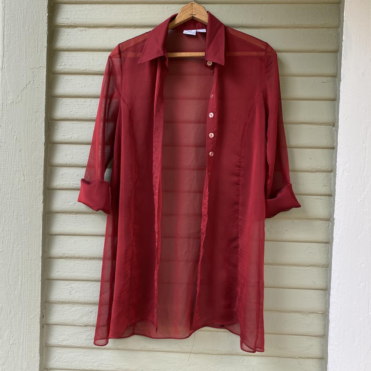 sheer vintage early 90s shiny red long button down... - Depop