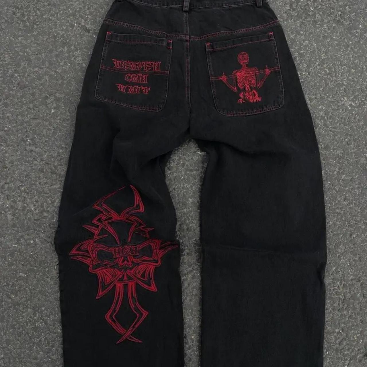 Y2K Jeans Mens Hip Hop Retro Skull Embroidery Washed... - Depop