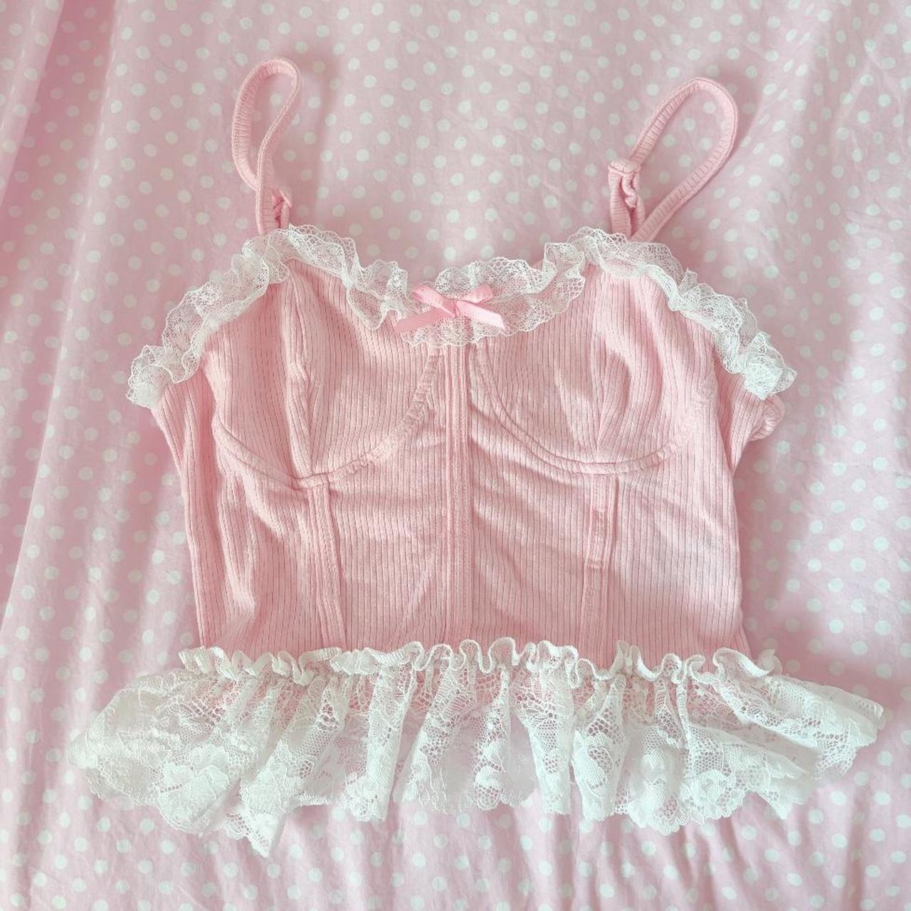 frilly pink ⠀cropped ⠀top ᰔ please ... - Depop