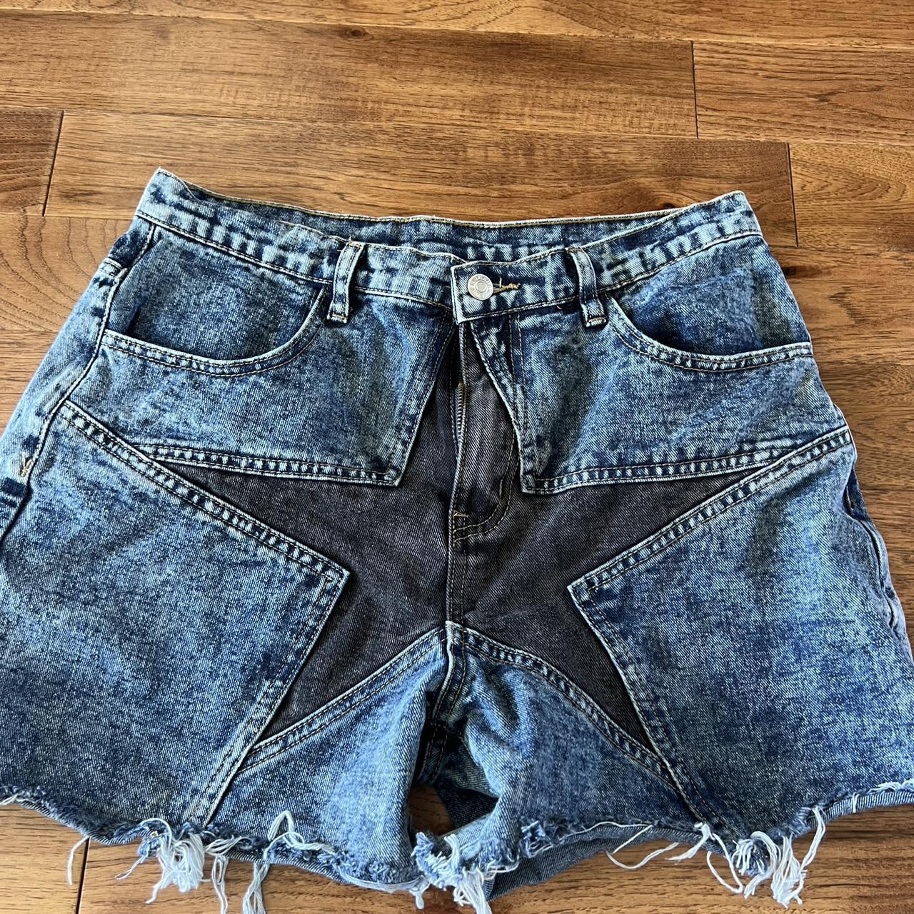 blue denim shorts with star design on front - Depop