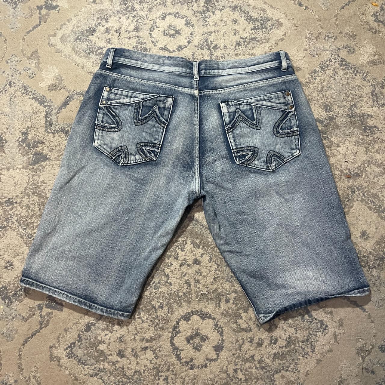 Light Wash Jean Short Jorts with Y2K Cross Back... - Depop