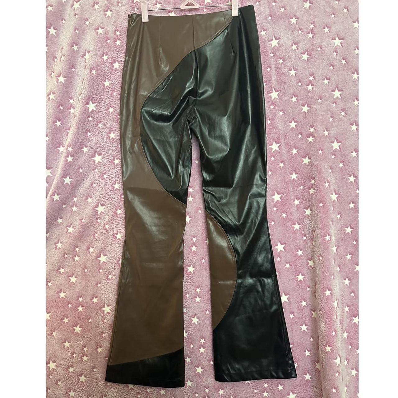 Rare London pleather two-tone flare pants. has side... - Depop