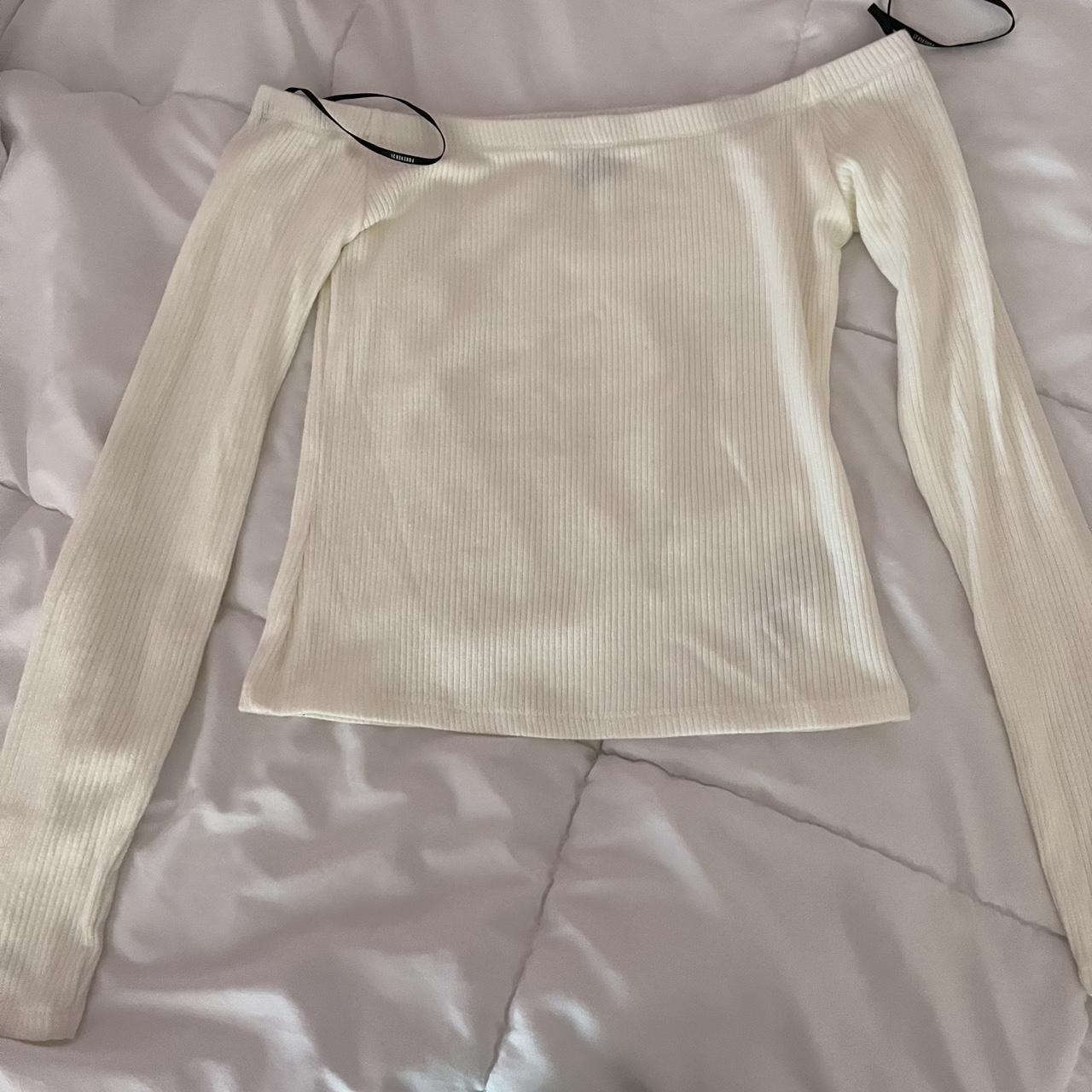Forever 21 Cream ribbed long sleeve off the shoulder... | Depop