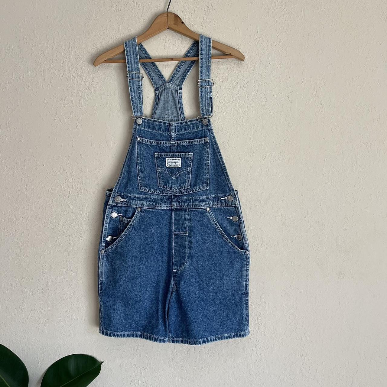 Vintage Levis 90s Denim Shortalls Medium to dark... | Depop