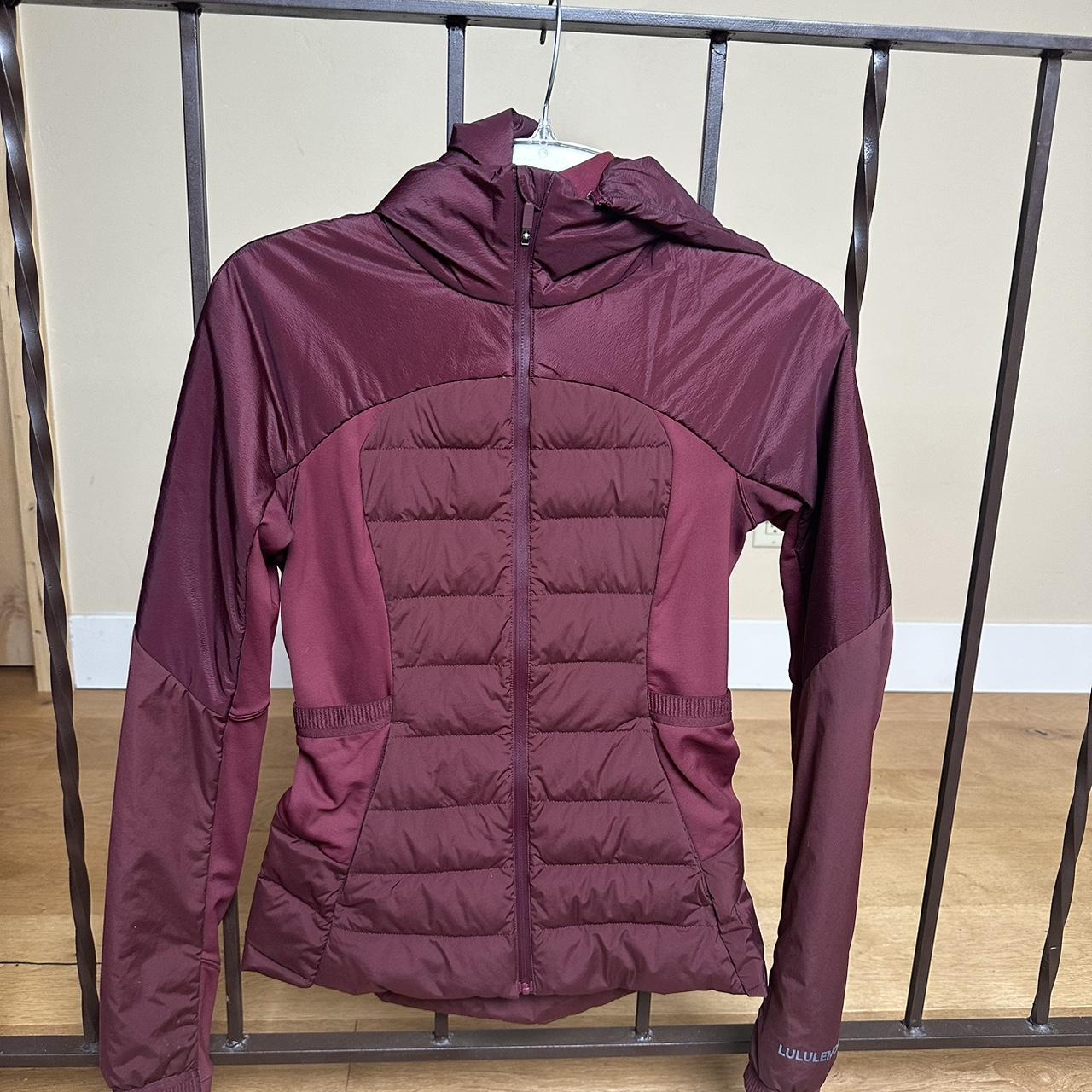 Lululemon burgundy puffer jacket worn once - Depop