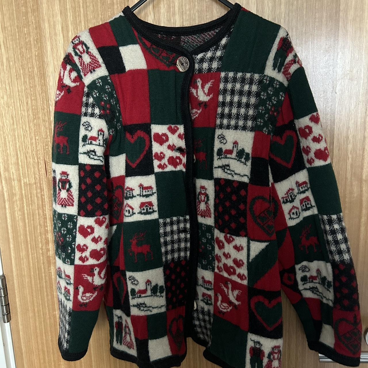 vintage patchwork cardigan red green cream patterns... - Depop
