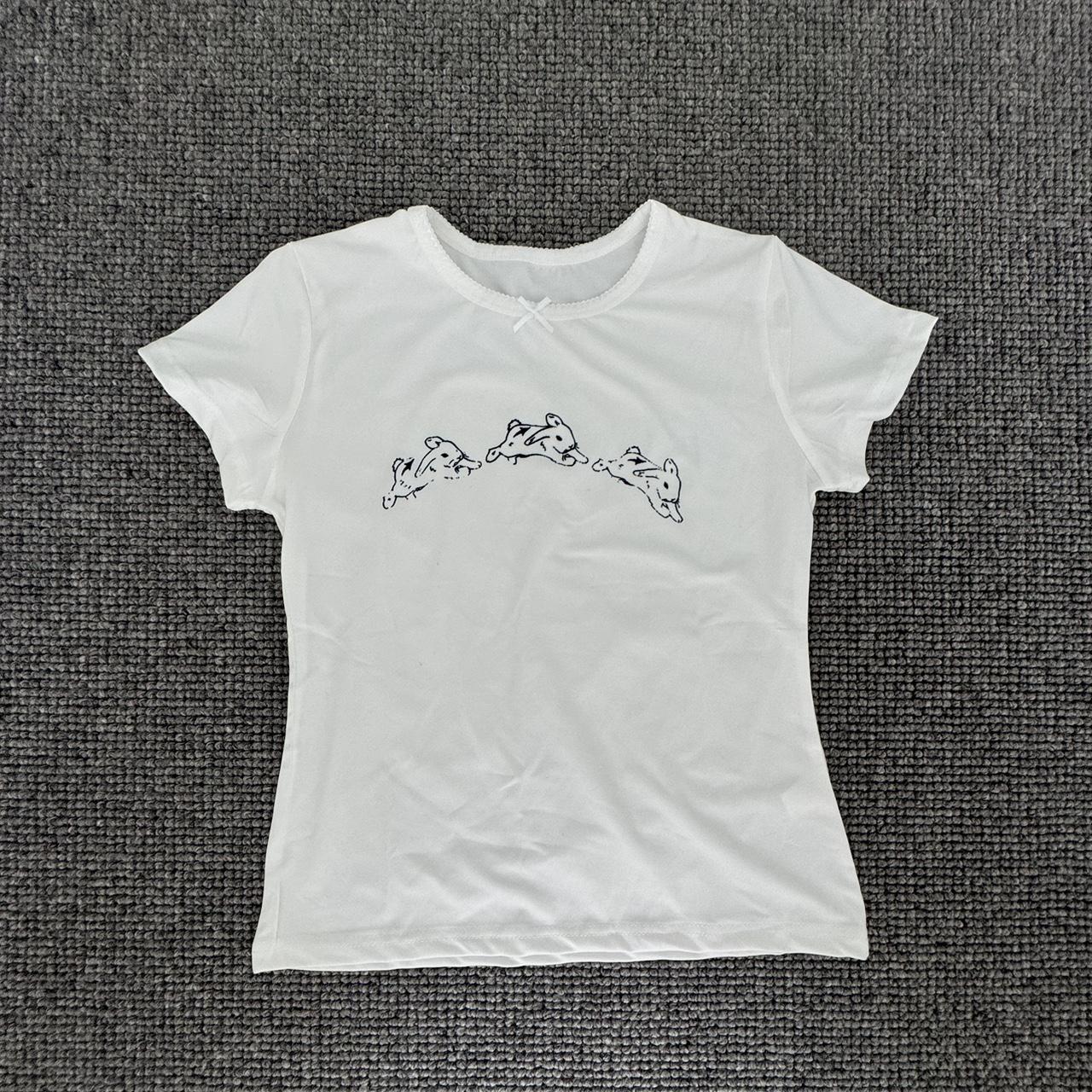 sweet y2k rabbit print vintage white baby tee... - Depop