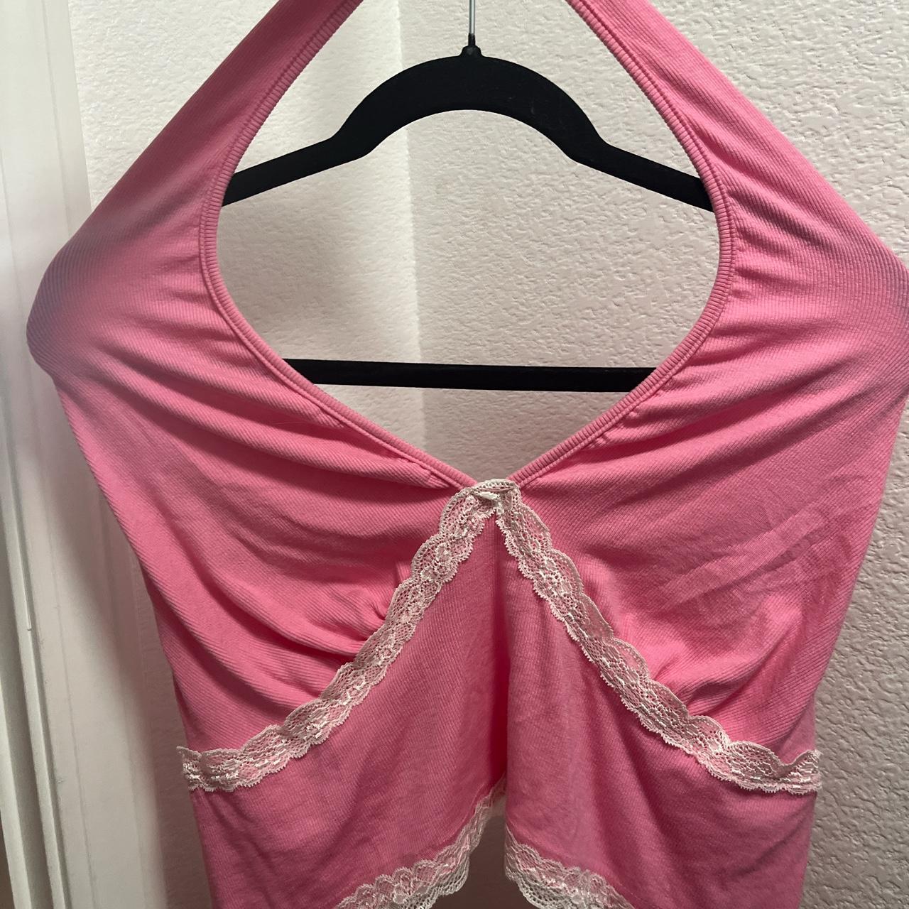 Pink Halter Top with White Lacing. - Depop