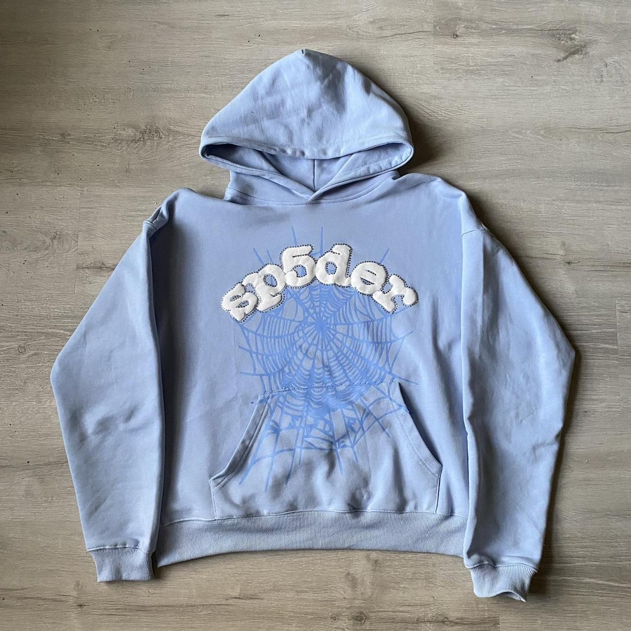 SP5DER Sky Blue Rhinestone Hoodie Size Medium -... - Depop