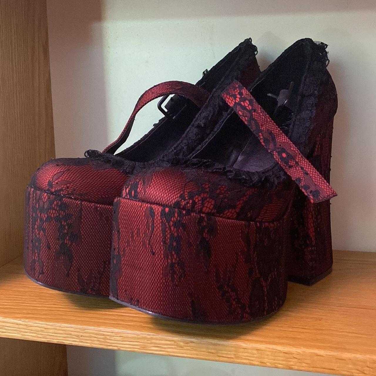 Stunning red platform heels with a black lace and... - Depop