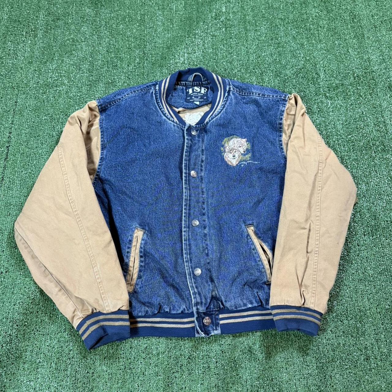 Insane vintage embroidery Wolf Varsity jacket with... - Depop