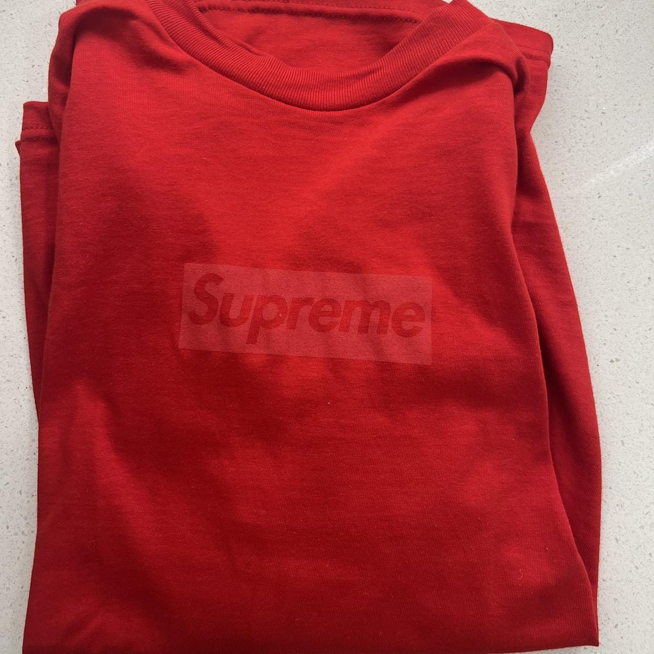 Supreme red tee pre shrunk as shown on tag! - Depop