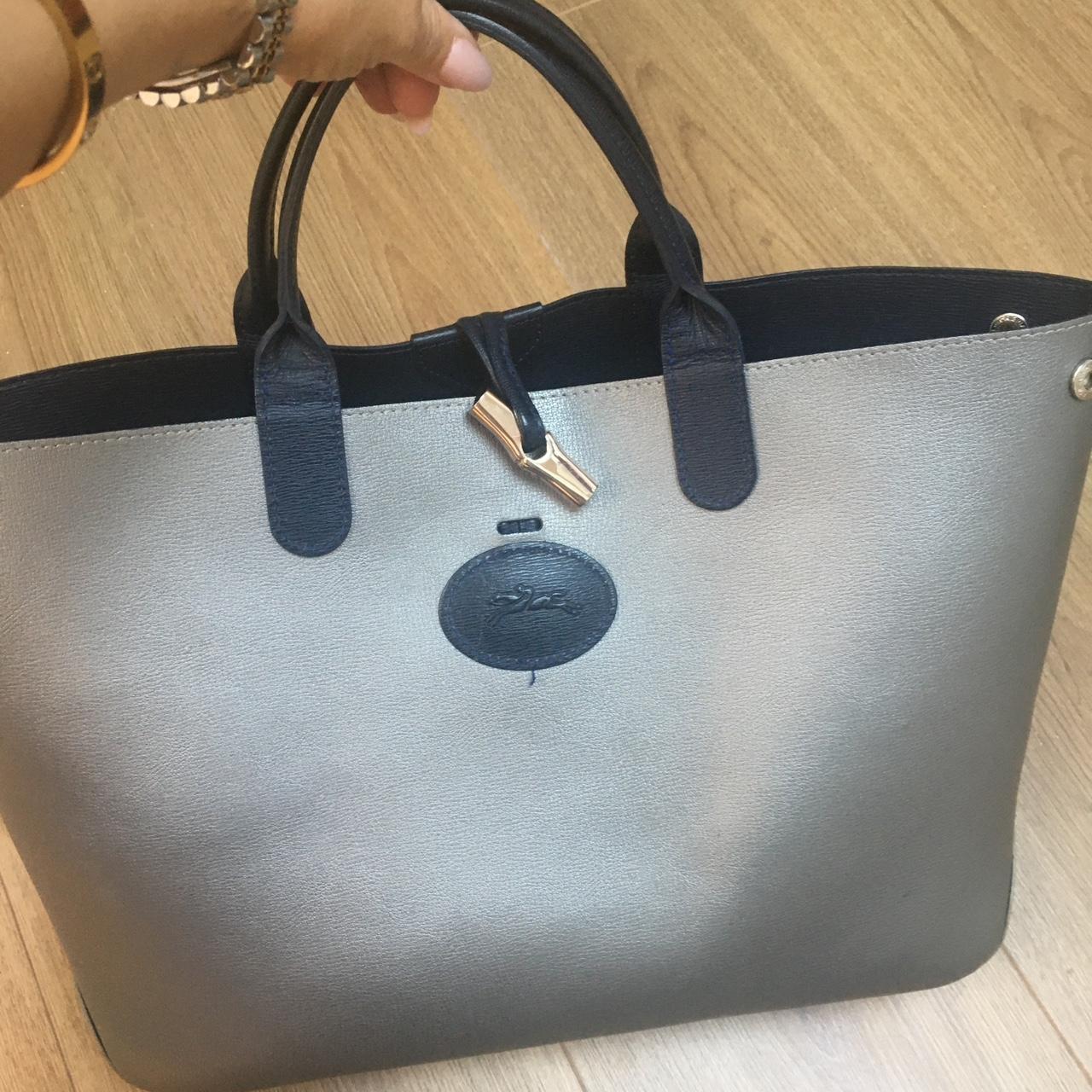 Longchamp grey and navy tote bag reversible - Depop