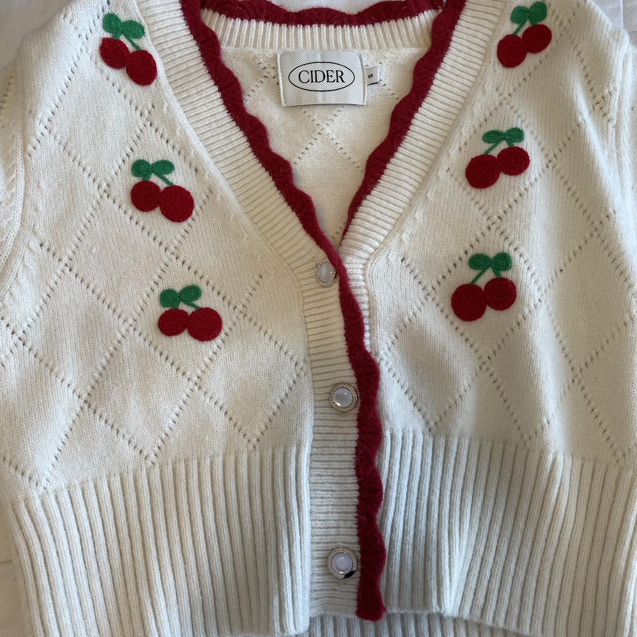 super cute cream and red cherry cropped thick sweater - Depop