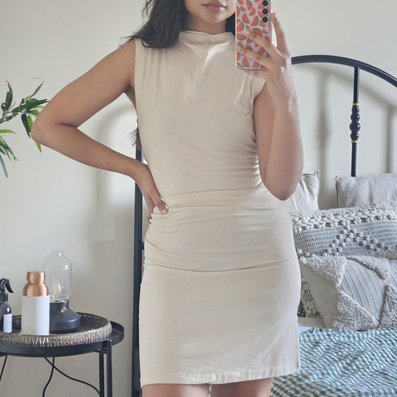 cream ruched mini milk dress - Depop