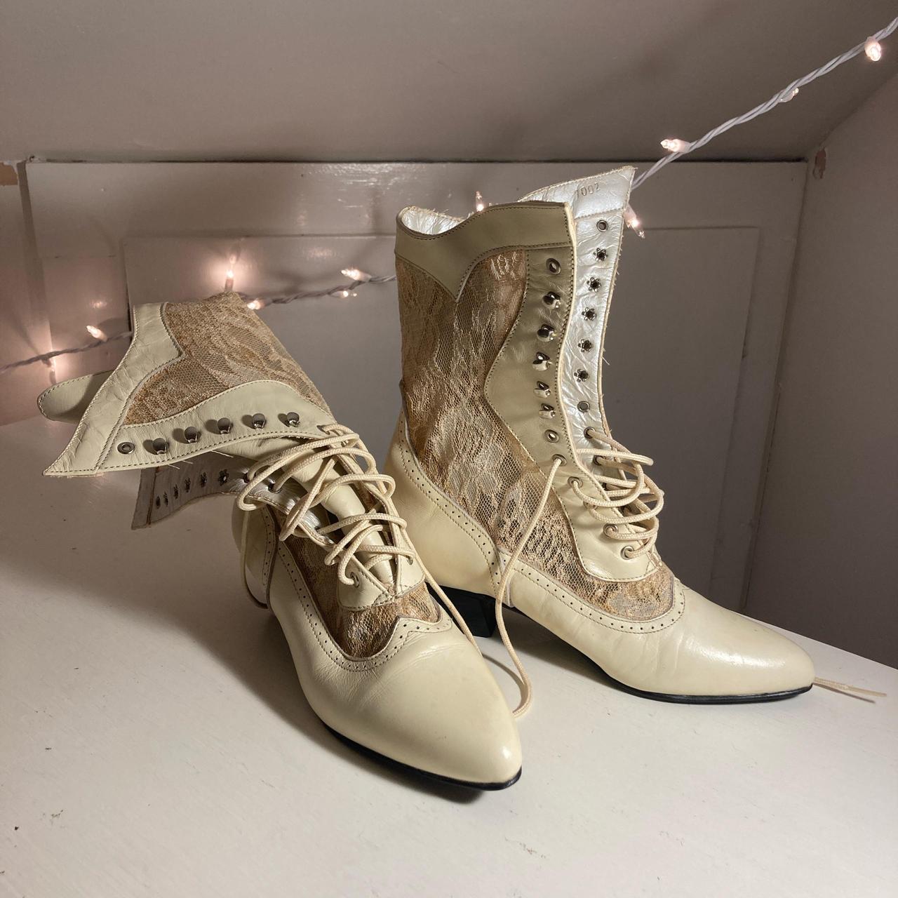 victorian style boots from Oak Tree Farms, ivory... - Depop