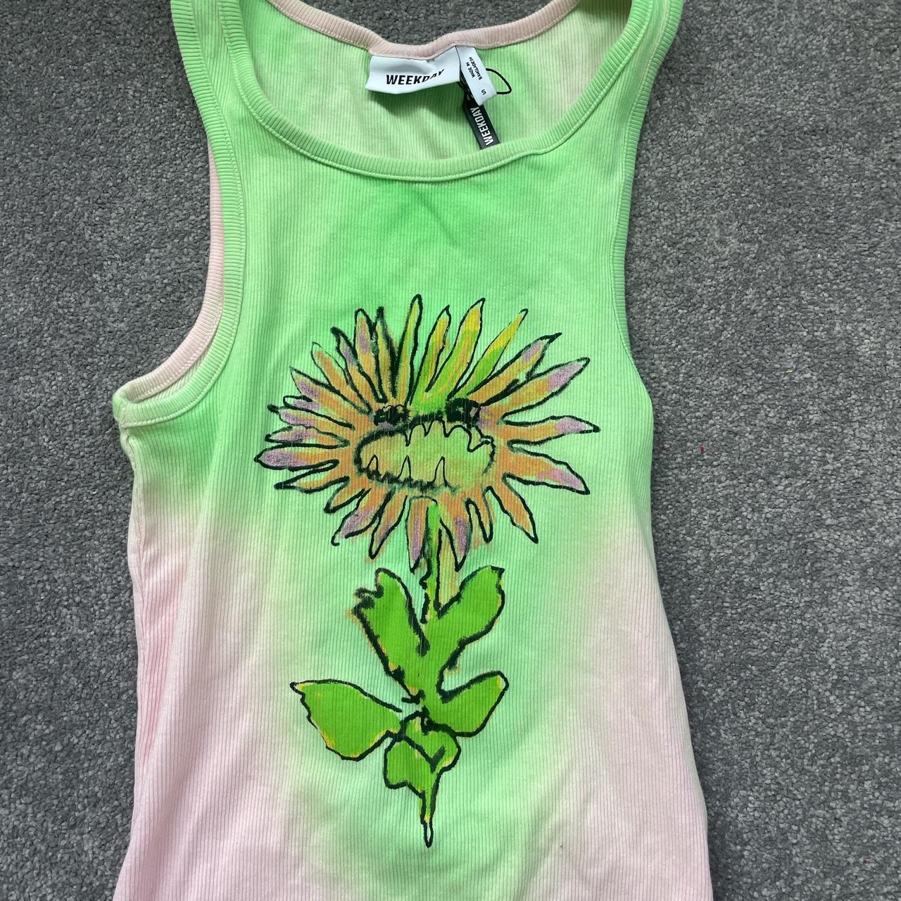 Pink and green Weekday tank top with sunflower... | Depop