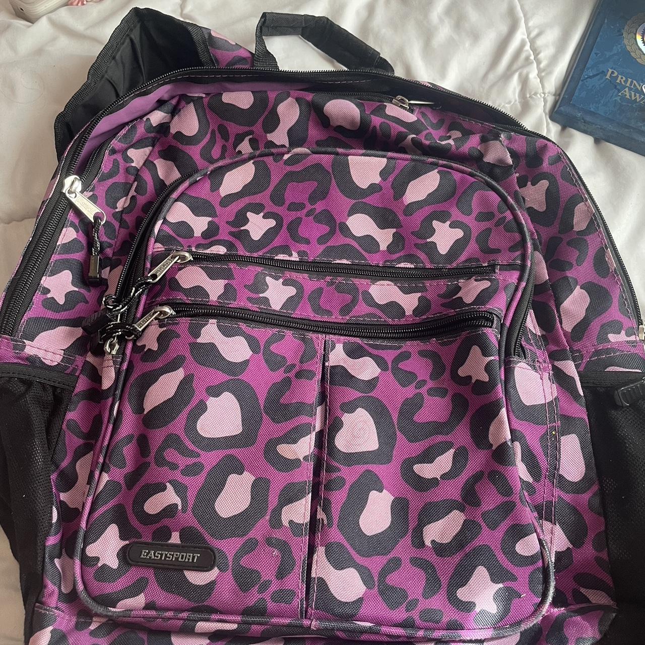 purple leopard print backpack i’ve used it but it’s... - Depop