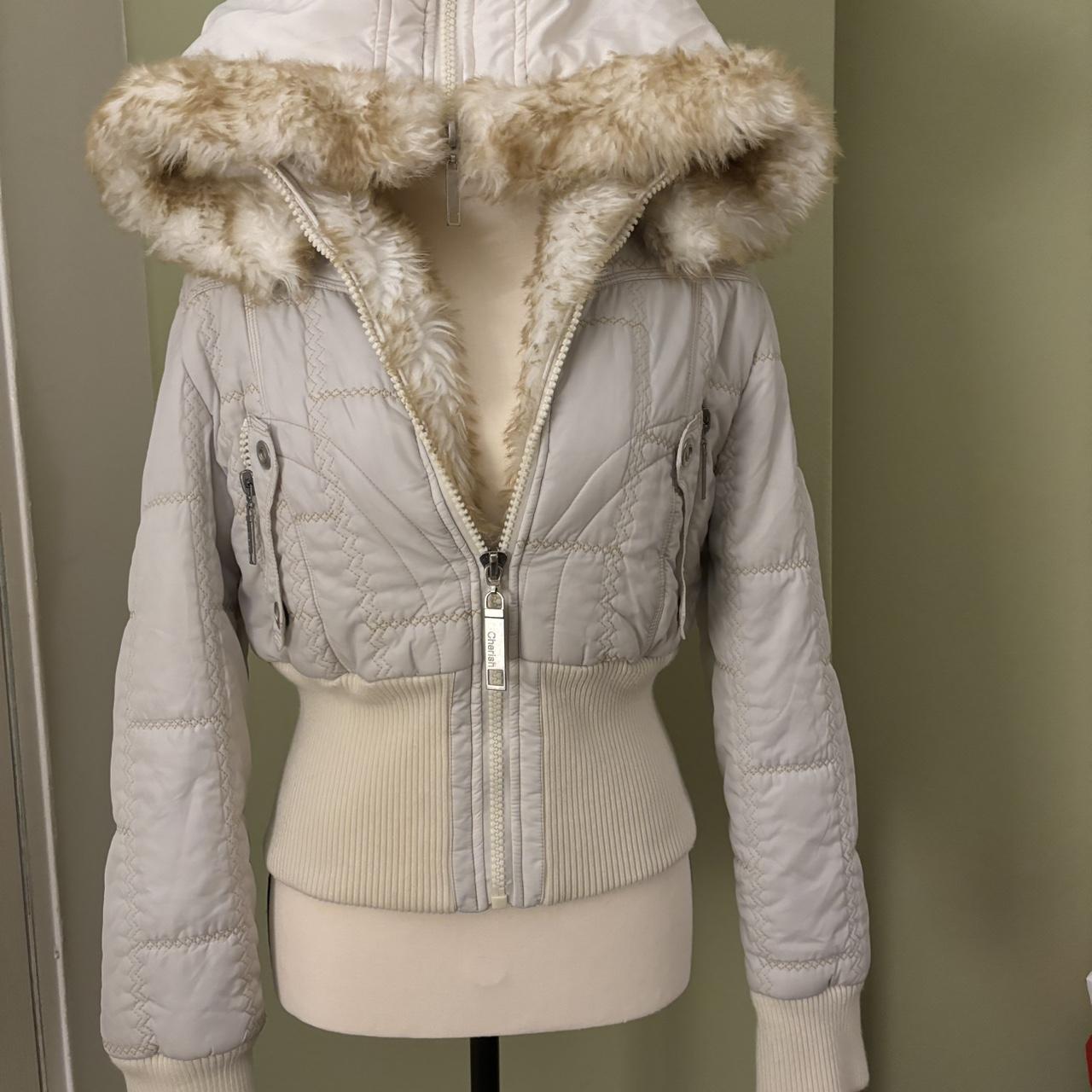 2000s cropped fitted puffer jacket cream color with... - Depop