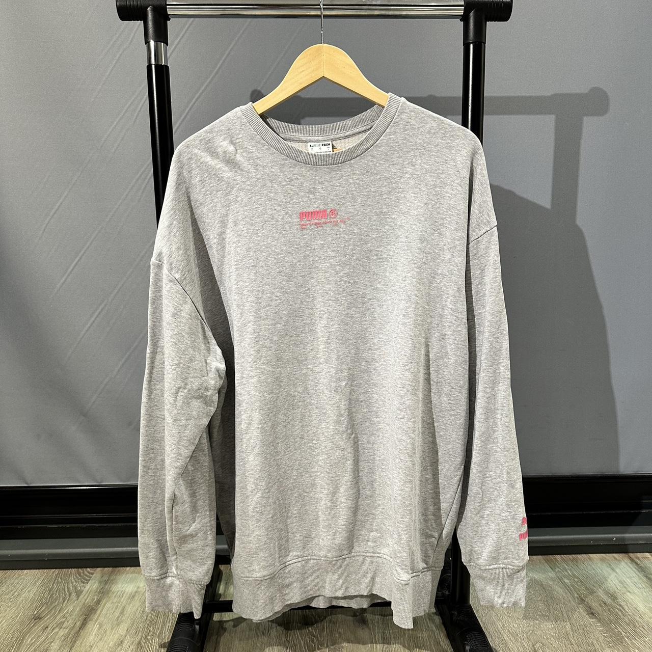 Grey Puma Jumper (pink detail) - Depop