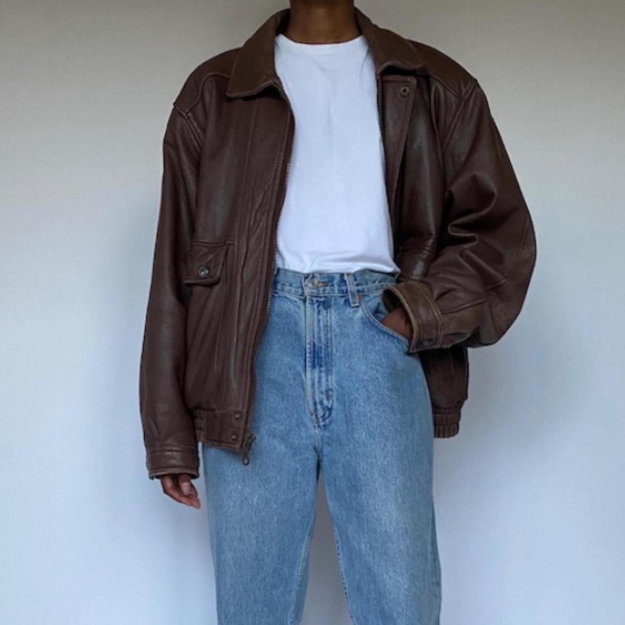 VINTAGE BROWN BOXY LEATHER BOMBER JACKET, AMAZING... - Depop