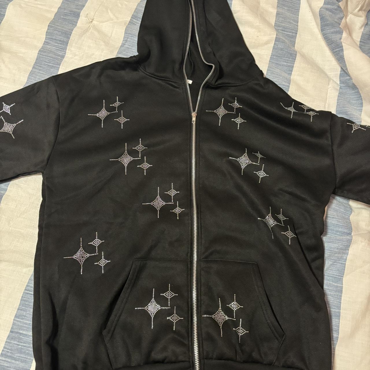Black zip-up hoodie with silver stars Rhinestone... - Depop