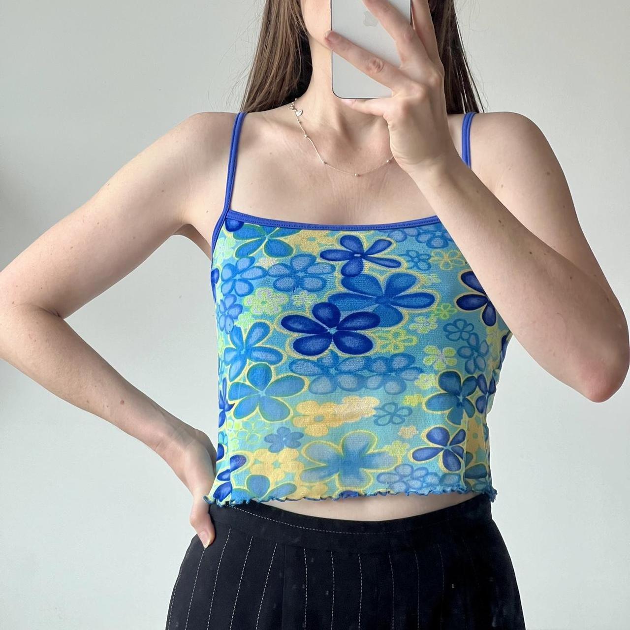 Vintage Y2K cropped mesh tank top in blue green... - Depop